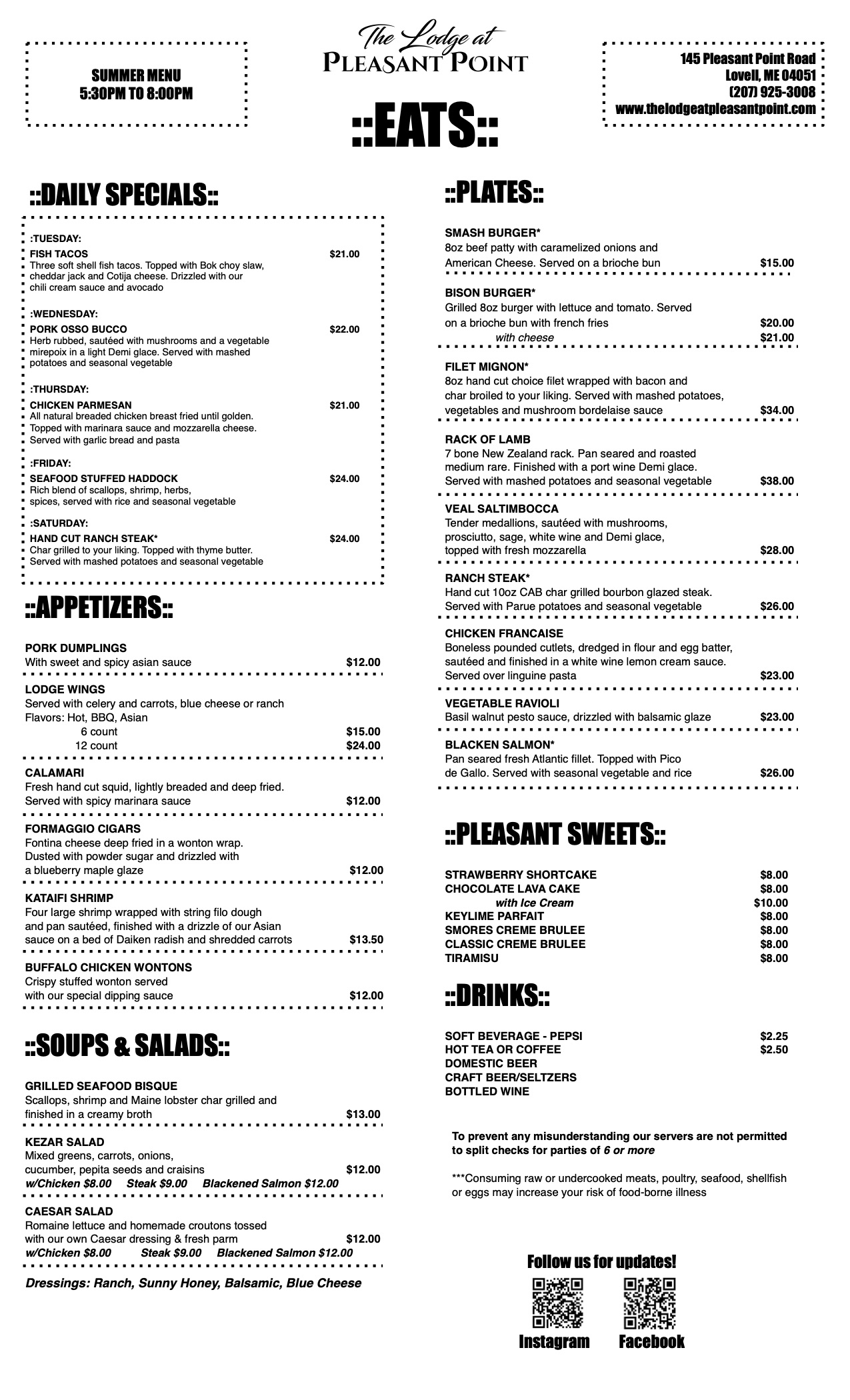 Our Menu – The Lodge at Pleasant Point